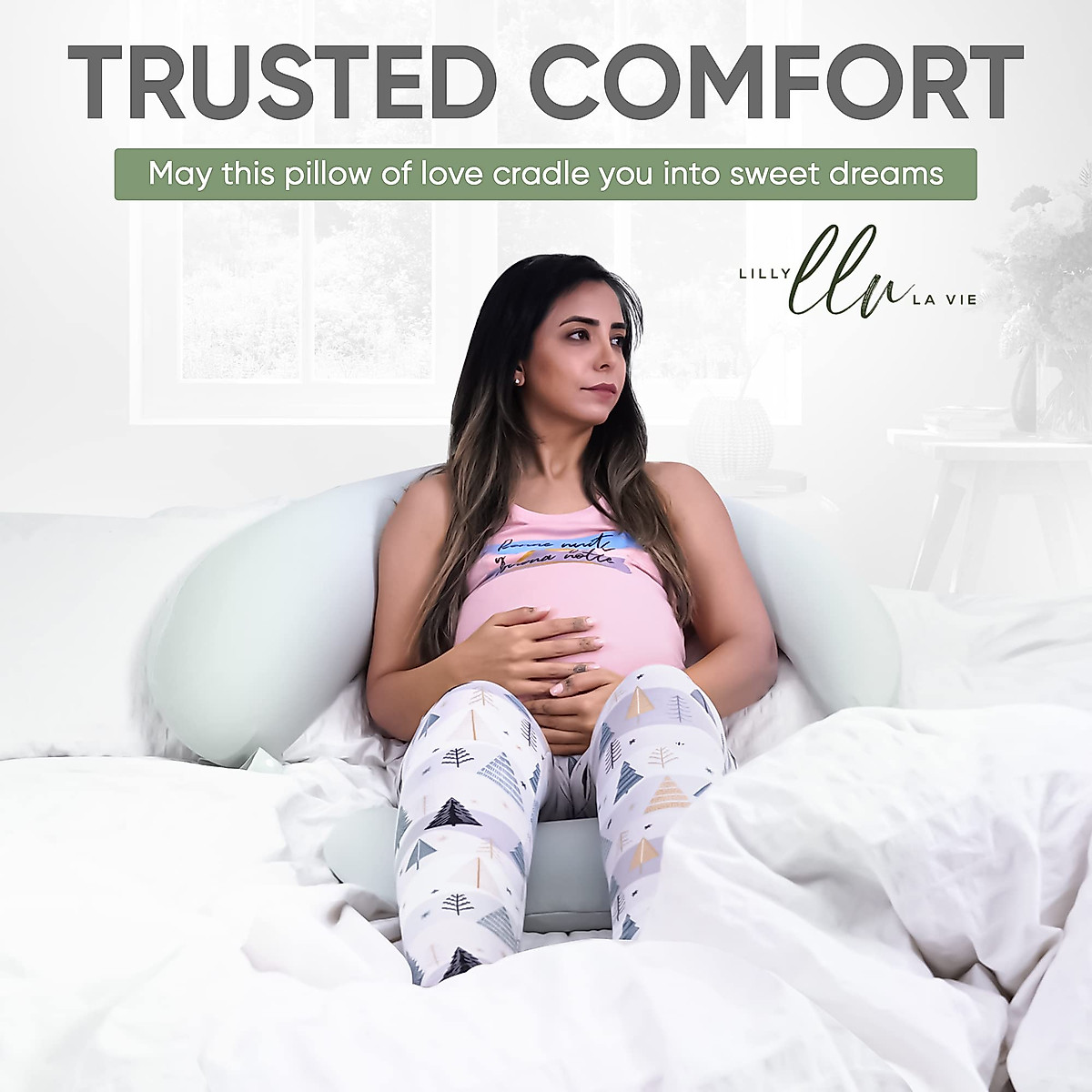 LILLY LA VIE Memory Foam Pregnancy Pillows for Sleeping, Side Sleeper Body Pillow - GOTS Certified 100% Organic Cotton Cover, Wedge Pillow - Support Back, Hips, Legs, Belly - Pregnancy Must Haves (Aqua Haze)