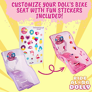 Ride Along Dolly Doll Bicycle Seat Bike Seat (Purple) with Decorate Yourself Decals (Fits Standard Sized Dolls and Stuffed Animals) - Purple
