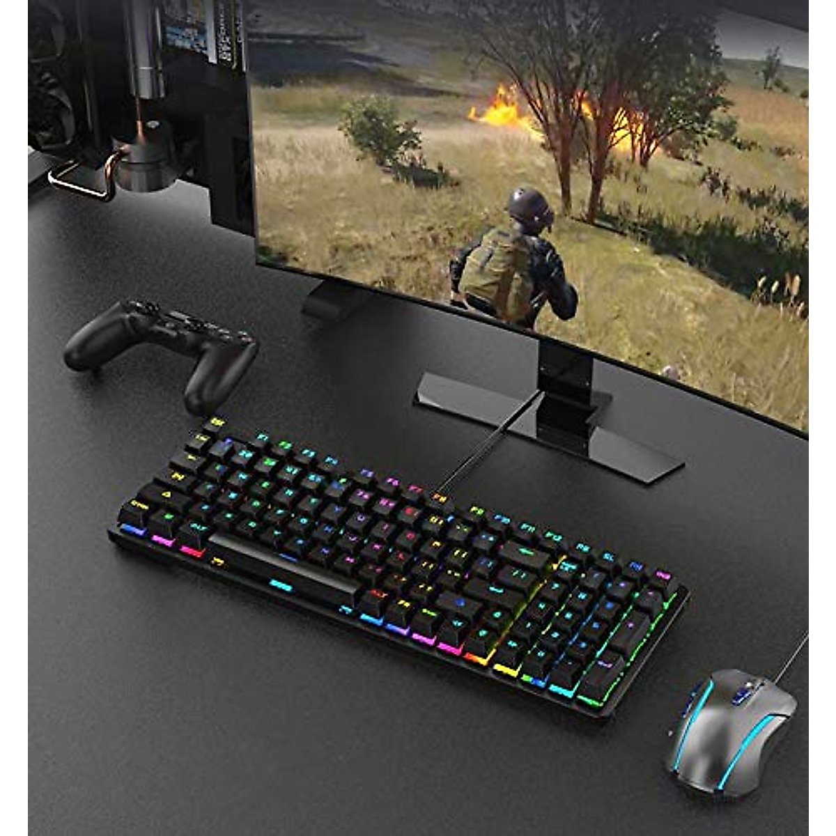 Mechanical Gaming Keyboard Compact 98 Key， Red Switches ， Custom Made chip Computer Keyboard -USB Connection Multi-Color Rainbow programmable RGB with Red Switches,for Windows PC Gamers