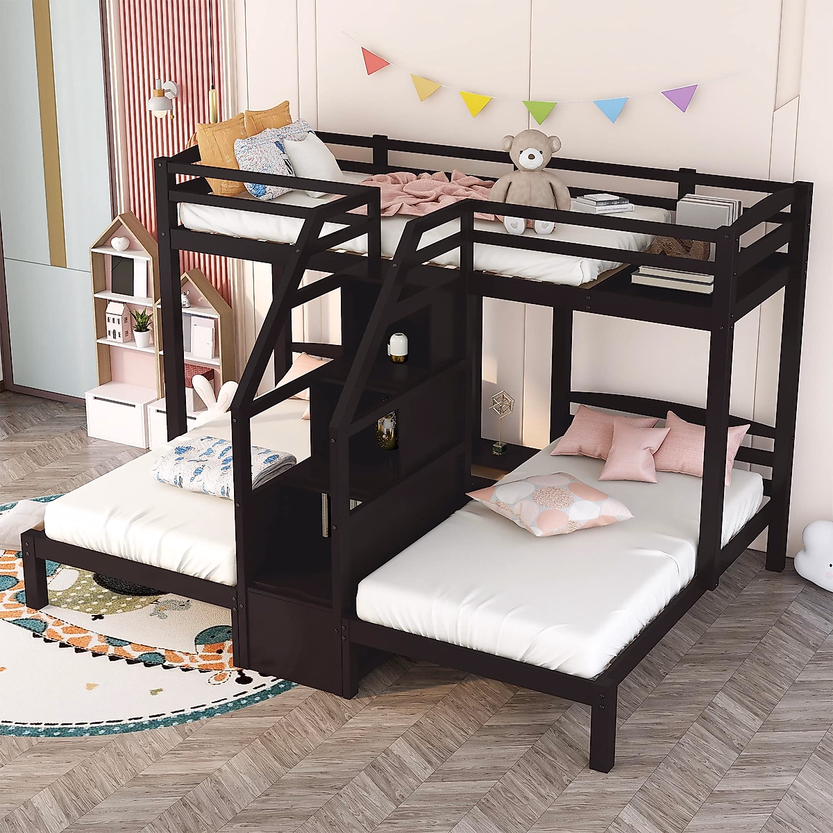 Harper & Bright Designs Triple Bunk Bed with Stairs, Twin Bunk Beds for 3, Wooden Bunk Bed with Built-in Staircase and Little Drawer for Kids Teens Adults, Espresso
