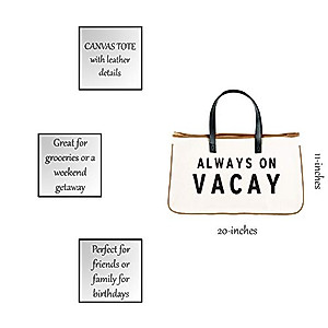 Santa Barbara Design Studio Tote Bag Hold Everything Collection Black and White 100% Cotton Canvas with Genuine Leather Handles, Large, Always On Vacay