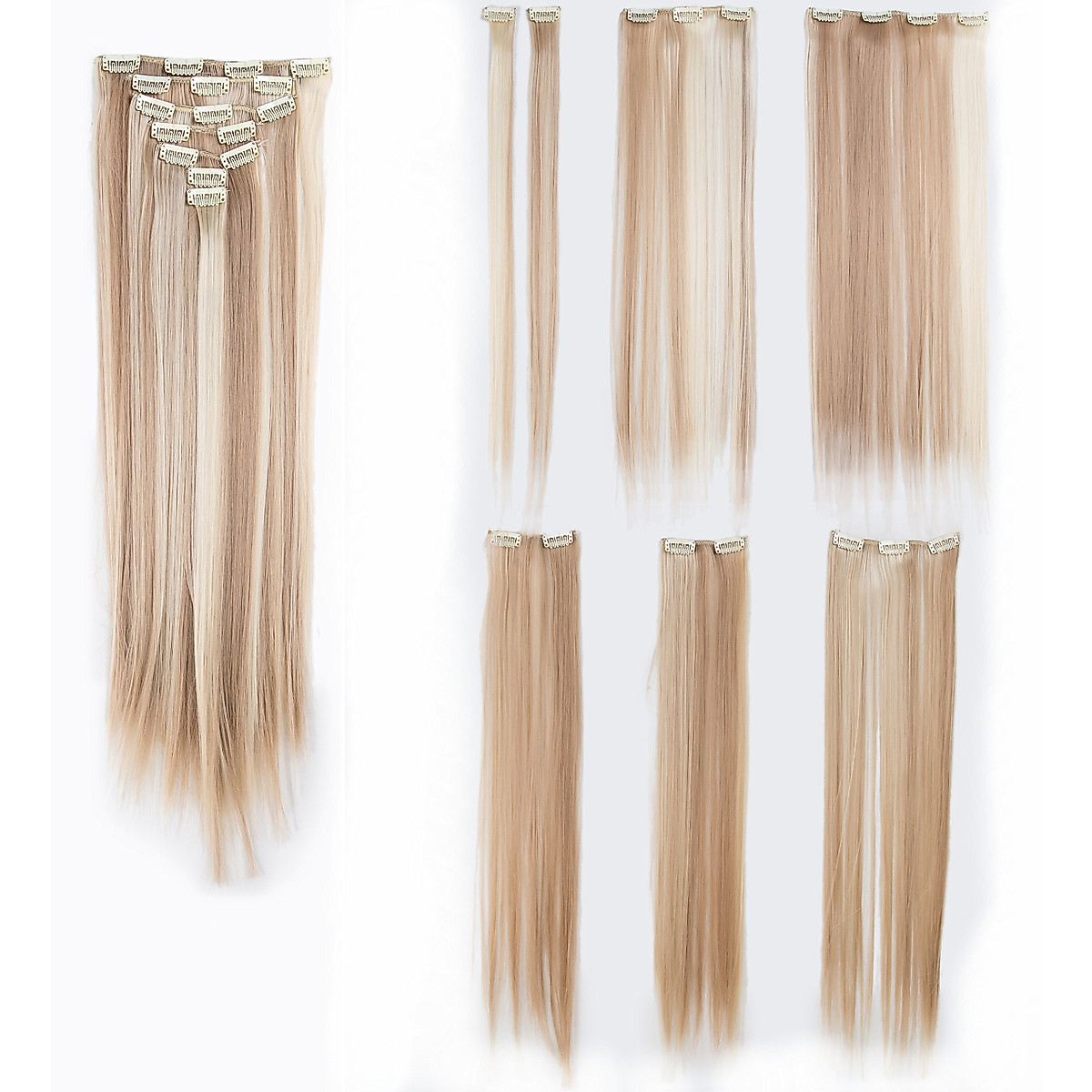 SWACC Women 22 Inches Straight Full Head 7 Separate Pieces Heat Resistance Synthetic Hair Clip in Hair Extensions (Dark Honey Blonde/Bleach Blonde Highlights-16H613)