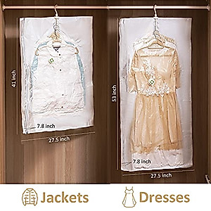 LEVERLOC Hanging Vacuum Storage Space Saver Bags for Clothes Winter Coat Garment Dress Jacket Suit Sweater Clothing Hanger Closet Organizer, Upgrade Valve Side Expandable 80% Space Save 6 Packs, 3 Long 3 Short