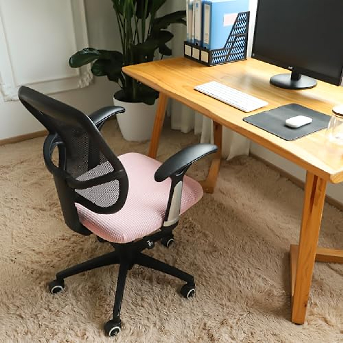 FORCHEER Office Desk Chair Seat Covers Jacquard Fabric Computer Chair Seat Cushion Slipcovers-Pink