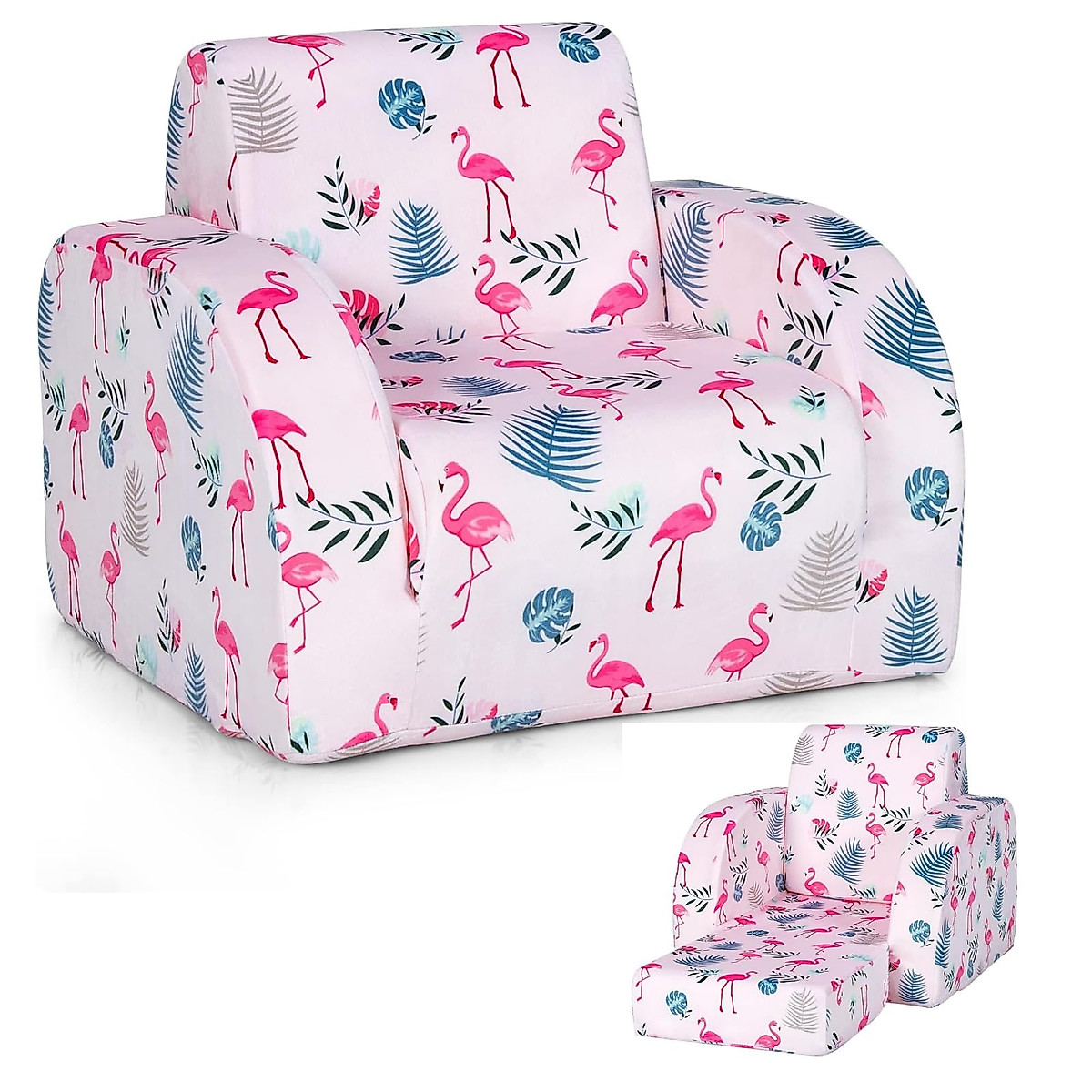 Costzon Kids Couch, 3 in 1 Convertible Flip Open Children's Sofa w/Foam-Padded Seat, Toddler Armrest Chair Bed for Nap Play Sleep, Fold Out Lounger Kids Sofa, Gift for Children Boys Girls (Flamingo)