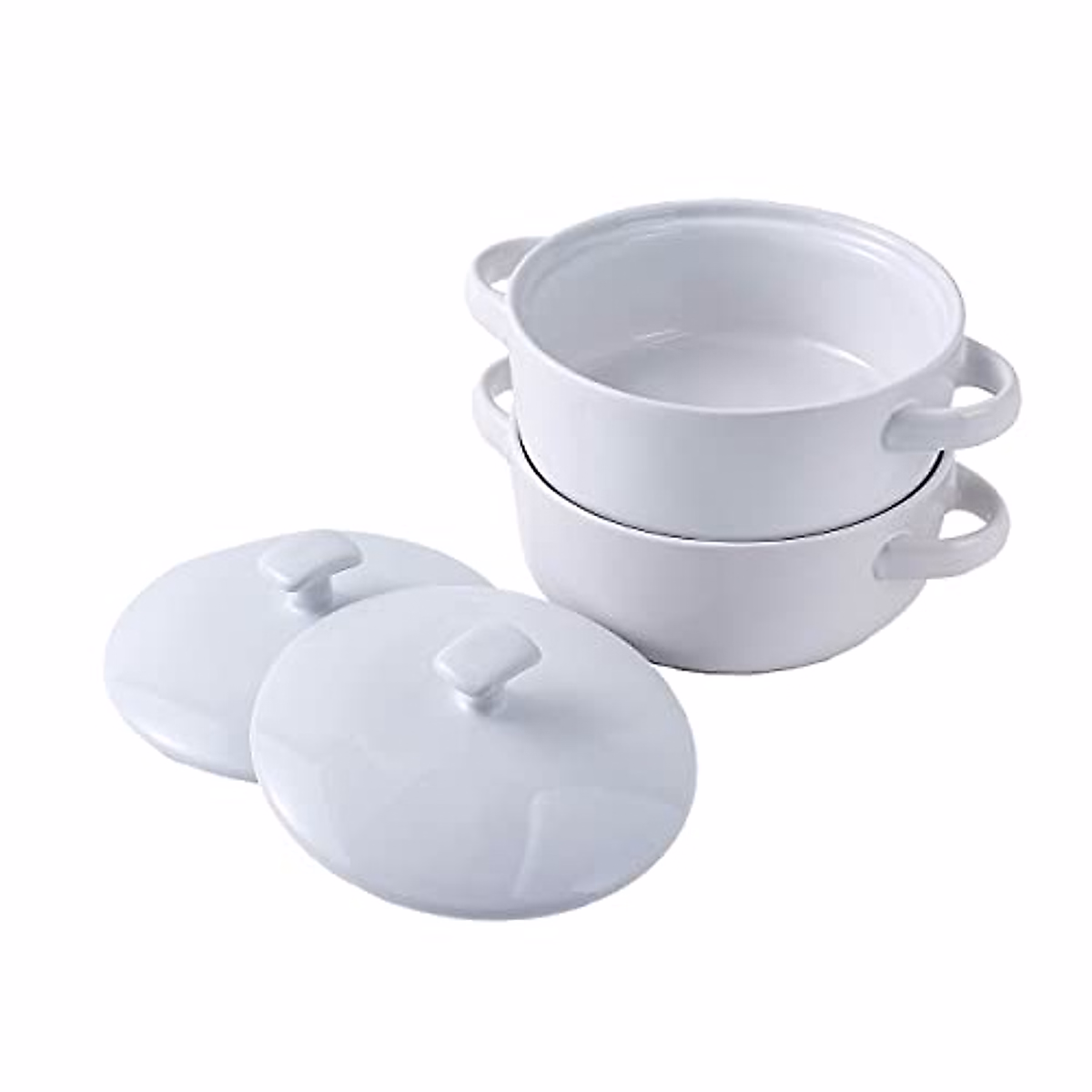 Bruntmor 20 Oz Round Soup Crock With Lid, Ceramic Serving White Soup Bowl With Large Loop Handle, White Ceramic bakeware with lid, French onion soup, Cereals, Oven and Dishwasher Safe- White