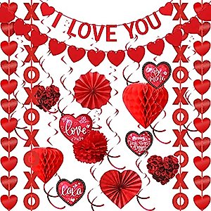 30 Pieces Valentine's Day Decoration Kit I Love You Red Heart XOXO Garland Banner Heart Swirls Tissue Paper Fan Pom Hanging Decor for Home Hotel Engagement Wedding Valentines Party Supplies Set