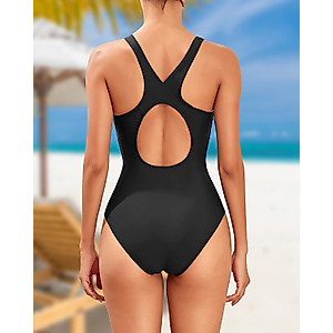 Tempt Me Black Women Athletic One Piece Swimsuits Sporty Racerback Bathing Suits Full Coverage Modest Swimwear M