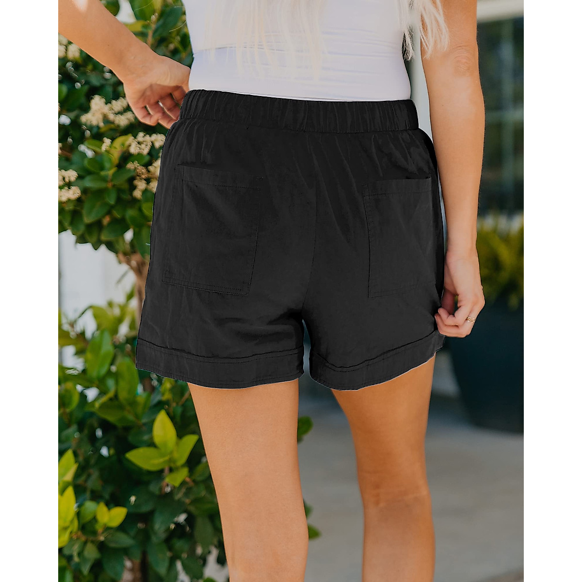 BTFBM Women Casual Shorts Plain Solid Color Elastic Waist Drawstring Summer Beach Lightweight Soft Short Lounge Pants(Solid Black, Large)
