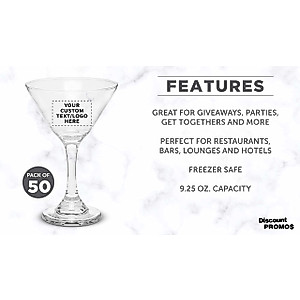 Custom Classic Martini Glasses 9.25 oz. Set of 50, Personalized Bulk Pack - Great for Cocktails, Wedding Favors, Party Favors, Events - Clear
