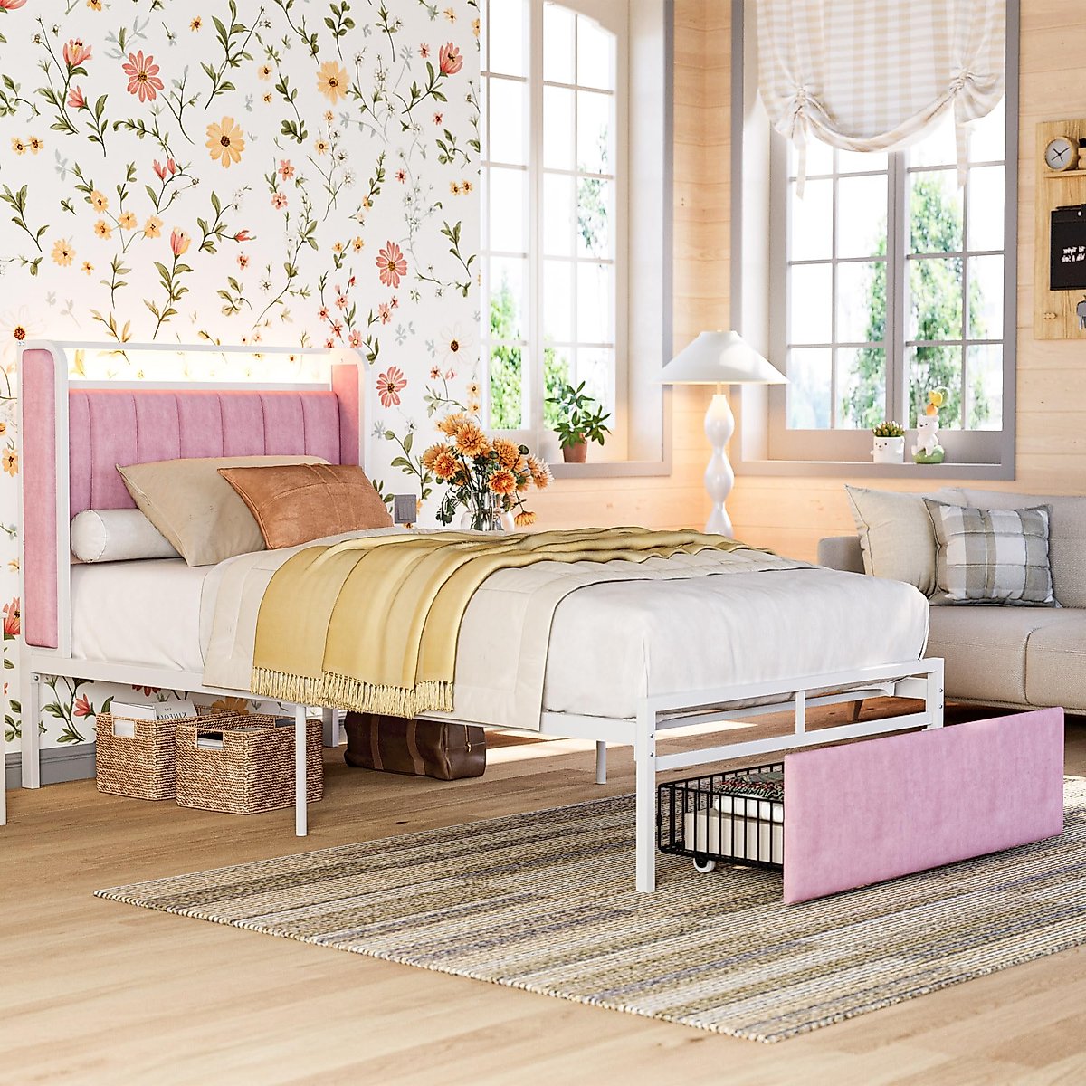 LIKIMIO Twin Size Bed Frame with Armrests Headboard & RGB Light, Upholstered Twin Size Bed Platform with Drawers, No Box Spring Needed, Study & No Noise, Modern Pink