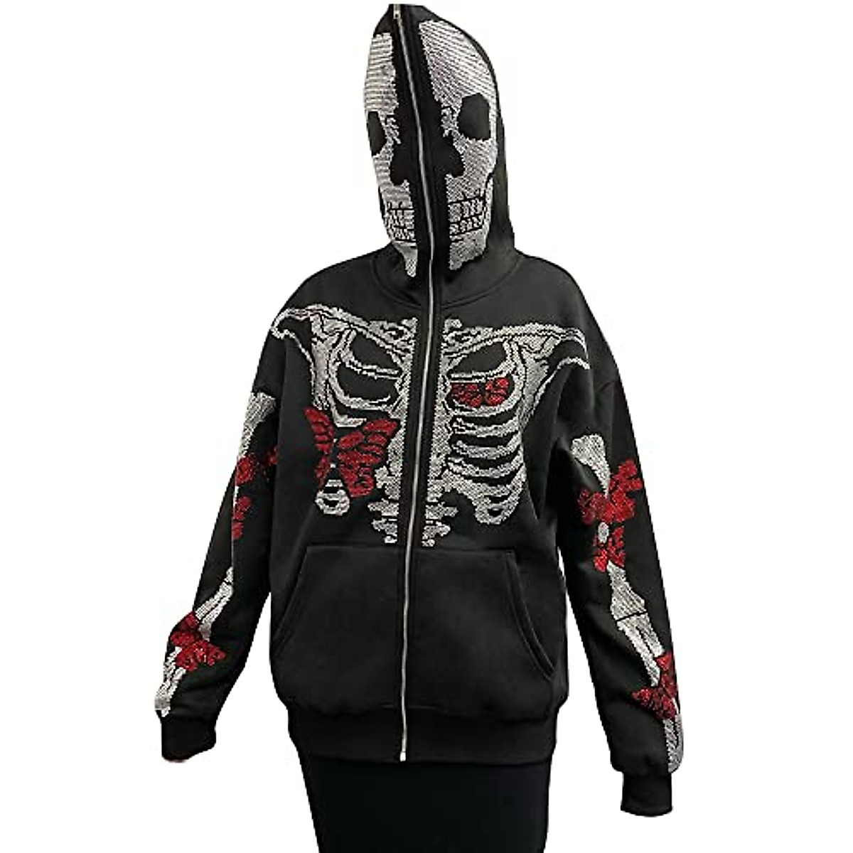 Creaion Rhinestone Butterfly Skeleton Hoodie Y2k Full Zip Up Hoodies for Men over Face Graphic Skull Rib Cage Casual Aesthetic Goth Hood Sweatshirt Jacket