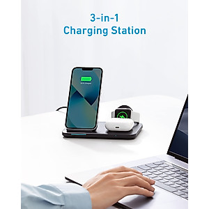 Anker Wireless Charger Stand, Foldable 3-in-1 Stand with Adapter, for iPhone 13, AirPods, Apple Watch (Works with Original USB-A Cable, Not Included)