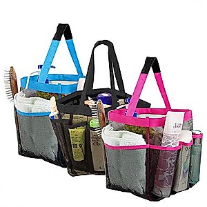 GGone 3 Pack Mesh Shower Caddy,Portable Quick Dry Hanging Tote Storage Bag Bath Organizers with 9 Large Pockets for Shampoo, Soap and Other Bathroom Accessories - Black, Blue, Pink
