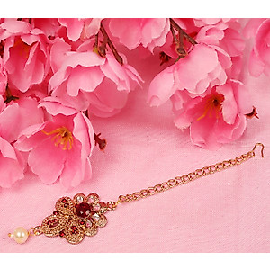 Touchstone NEW Indian Bollywood Traditional Floral Paisley Mughal Kundan Look Faux Ruby Designer Jewelry Mangtika Head Accessory in Antique Gold Tone. for Women.
