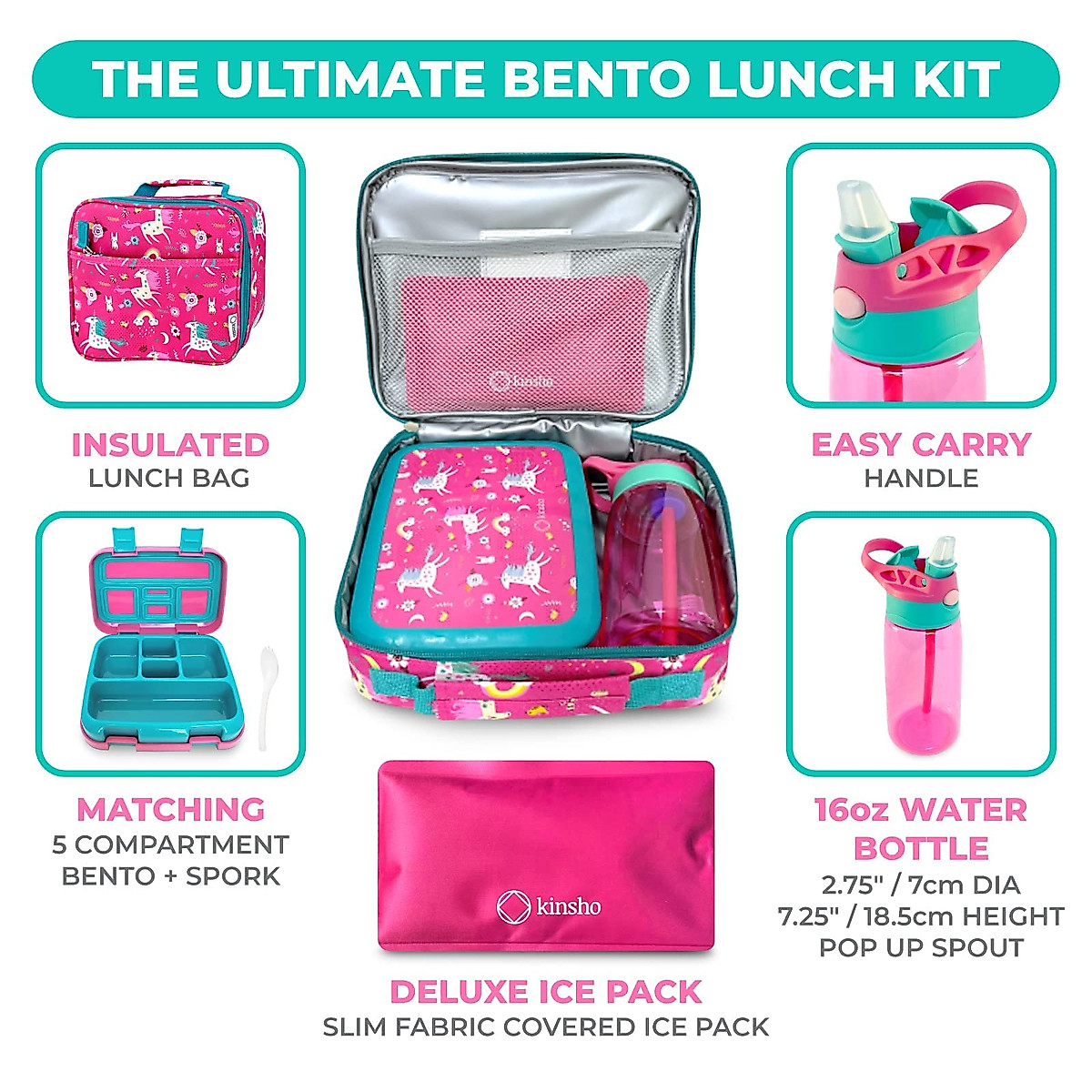 Bento Lunch Box with Insulated Bag, Water Bottle Ice Pack Set for Kids Toddlers, 5 Portion Sections, BPA Free Removable Tray, Pre-School Kid Toddler Daycare Lunches, Snack Container, Pink Unicorn