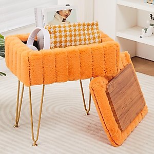 Wimarsbon Faux Mink Fur Storage Ottoman, Modern Soft Footstool, Storage Bench with Metal Legs, Vanity Seat, Fur Stool, Ottoman Coffee Table, Makeup Chair, Vanity Stools for Bedroom (Orange)