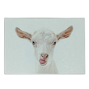 Lunarable Goat Cutting Board, Portrait of a Goat with Its Tongue out Animal Photography White Furry Mammal, Decorative Tempered Glass Cutting and Serving Board, Small Size, White Coral