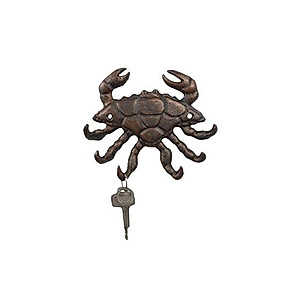 Handcrafted Nautical Decor Rustic Copper Cast Iron Decorative Crab with Six Metal Wall Hooks 7"