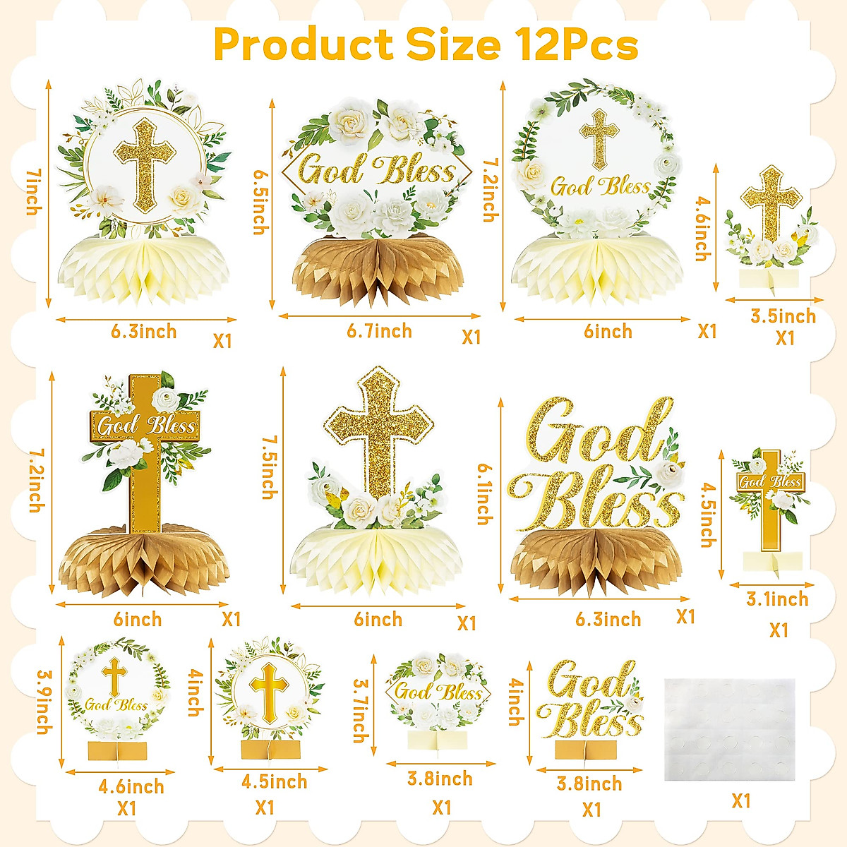 ANGOLIO White Gold Floral Honeycomb Centerpieces - 12Pcs Rose Greenery God Baptism Honeycomb Centerpieces Baby Shower Decor for Boy Girl Party Decor 3D Table Toppers God Bless First Communion Birthday