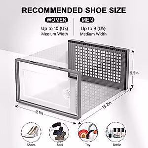 Kuject Shoe Organizer Storage Boxes for Closet 12 Packs Grey, Clear Plastic Stackable Shoe Storage Bins with Drawers & Lids, Under Bed Shoe Storage Containers For Entryway, Closet, Drop Front