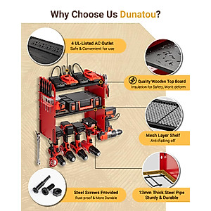 Dunatou Adjustable Power Tool Organizer Wall Mount with Charging Station, 6 Drill Holder & 4 Outlet, Wood Garage Tool Organizer Wall Mount Power Tool Rack with Hooks, Gift for Men