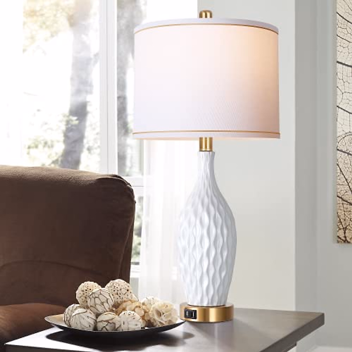 Vpazg White Table Lamp Set of 2, 3-Way Dimmable Touch Control Gold Bedside Lamps with USB Ports, 27inch Modern Ceramic Nightstand Lamp for Bedroom Living Room, Linen Shade (LED Bulb Included)