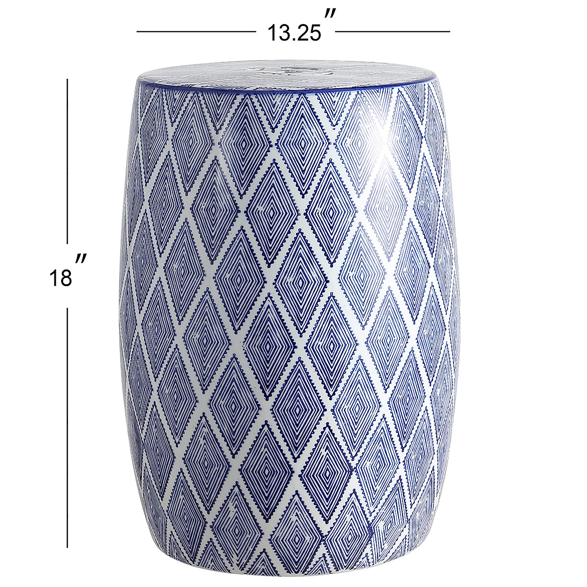 JONATHAN Y TBL1019A Moroccan Diamonds 18" Ceramic Drum Garden Stool, Coastal, Contemporary, Transitional, Side Table, Plant Stand, Spill-Proof, Living Room, Garden Room, Patio, Blue/White