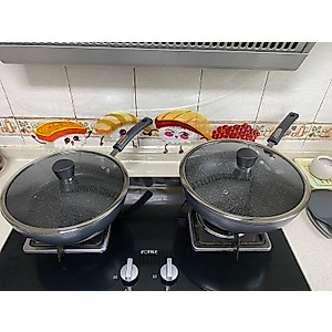 Monfish Deep Frying & Wok Pan Set 12 inch wok & stir fry pan w lid,11 inch skillet frying pan w lid Non Stick Granite Stone Finish Mother Day