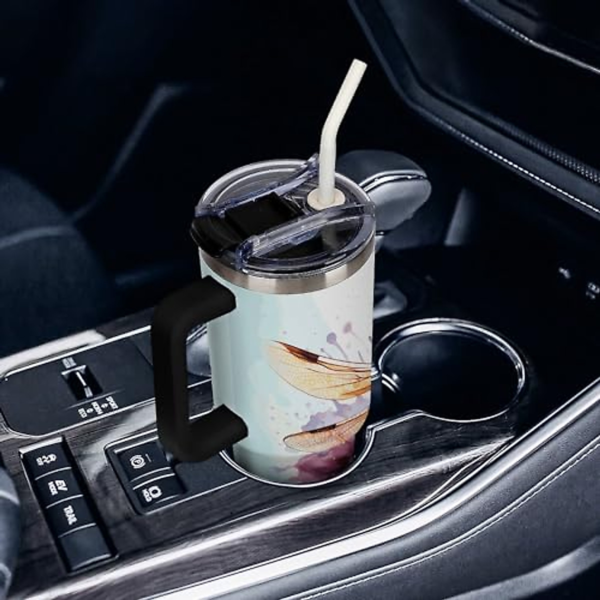 40 Oz Vacuum Tumbler with Black Handle Leakproof Insulated Tumbler Dragonfly Watercolor Painting Stainless Steel Travel Mug with Lid And Straw Coffee Cup Cute Water Bottles Cup Holder Friendly