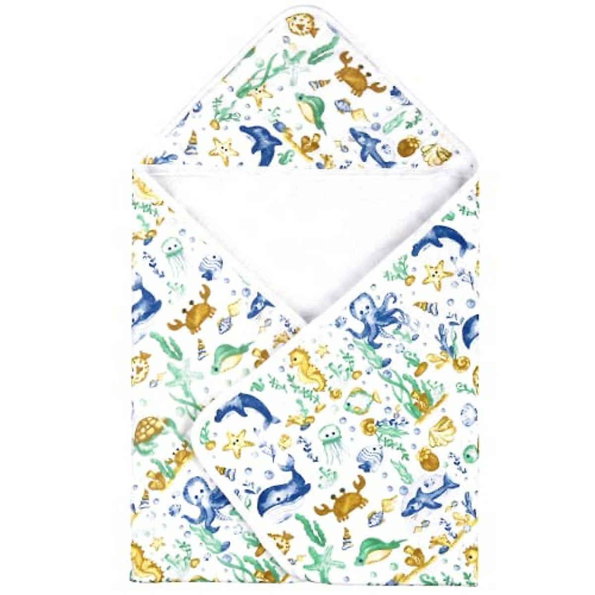 KloudBambu Hooded Baby Towel, Super Soft to Sensitive Skin, Ultra Absorbent, for Newborn, Infant, Toddler Girls and Boys, Seaworld Print