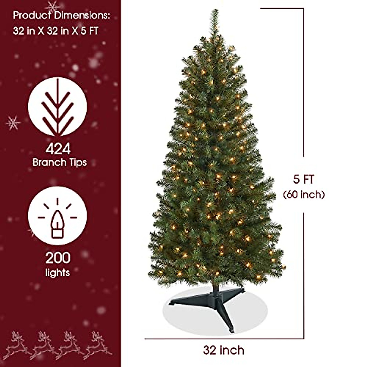 New One 5 Feet Christmas Tree Prelit Artificial Christmas Everett Pine Tree, with 424 Branch Tips, 200L Incandescent Clear Lights