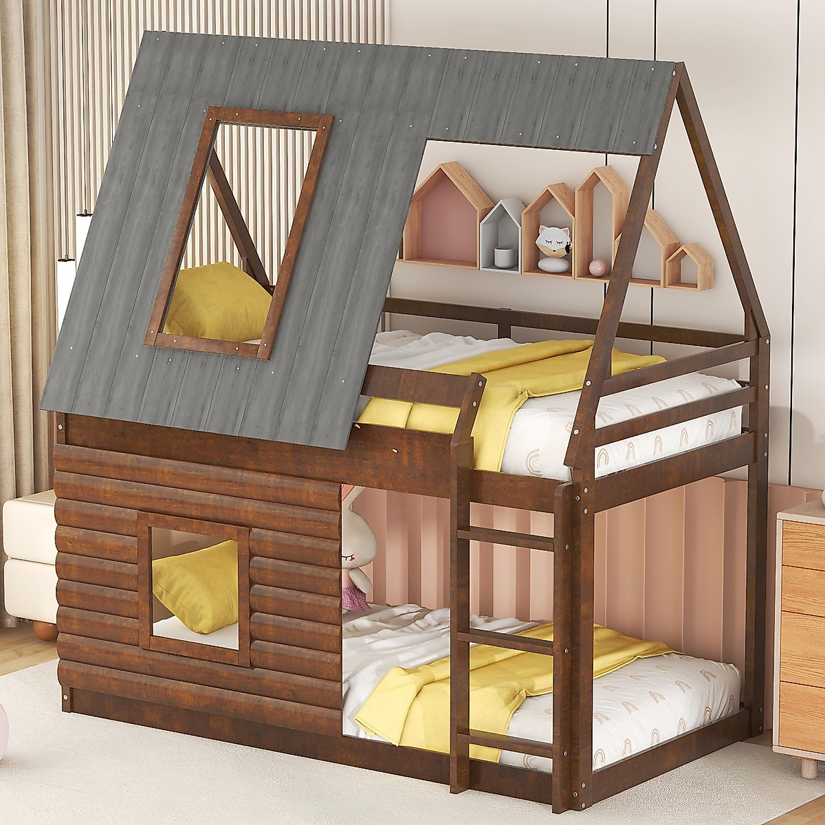LostCat Twin Over Twin Bunk Bed Wood Frame House Shaped with Roof, Ladder and 2 Windows for Kids Teens Girls Boys, Oak & Smoky, No Box Spring Required, Brown