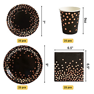 HOMIX Black and Rose Gold Party Supplies - Rose Gold Dot on Black Paper Plates Napkins Straws and Cups Silverwares Serves 25 for Wedding Bridal Shower Birthday Bachelorette Party Decorations