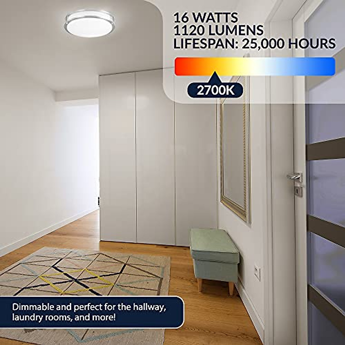 10-Inch Double Ring Dimmable LED Flush Mount Ceiling Light, 16W (95W Equivalent), 1120lm, 2700K Warm White, Brushed Nickel Finish Steel, ETL Listed, Commercial or Residential 2 Pack