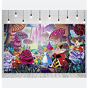 The Fantasy World of Alice Backdrop, 5 x 3 ft Alice in Wonderland Theme Banner Supplies, Tea Party Baby Shower Background for Birthday Party Cake Table Decoration