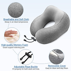Gentlepaw Travel Pillow - Memory Foam Cervical Neck Pillow for Adults, Kids, Children, Convenient & Portable U Shaped Pillows, Airplane Pillow for Home, Office, Camping, Travelling, Sleeping (Gray)