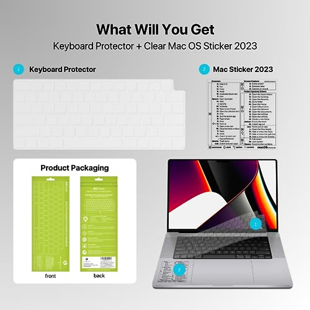 Afterplug Ultra-Thin Keyboard Cover (US ANSI) + Mac OS Shortcuts Sticker for M2 M3 MacBook Air 13" & 15" and M1–M4 MacBook Pro 14" & 16" – Clear Cover; Clear Sticker for Light-Colored MacBooks
