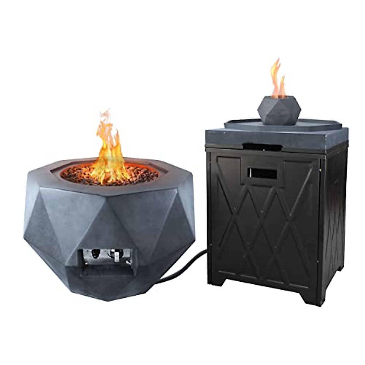 Kante 25" Concrete Propane Fire Pit Table with Assemble Tank Cover, 50,000 BTU Geometric Fire Pit with Tray Style Lid, Lava Rock, Charcoal (A-GF002-60121-SB01)
