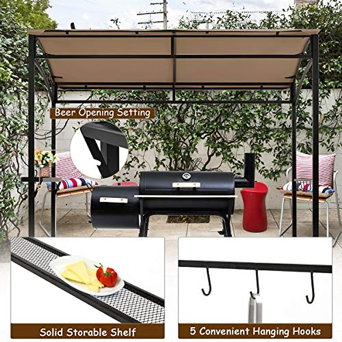Tangkula 7ft Grill Gazebo, Patio Barbecue Canopy with Serving Shelf and Storage Hooks, Curved Grill Shelter w/Heavy-Duty Steel Frame Sunshade Gazebo for Outdoor Garden (Coffee)