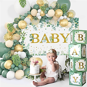 DataMoon 125PCS Sage Green Baby Shower Decorations - Retro Green and Gold Balloons Different Sizes, Green Baby Backdrop and Sage Green Baby Boxes for Gender Reveal, Birthday, Woodland Jungle Party