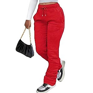 Clearance Women 6 Pockets High Waisted Cargo Pants Wide Leg Casual Pants Combat Military Trouser Red
