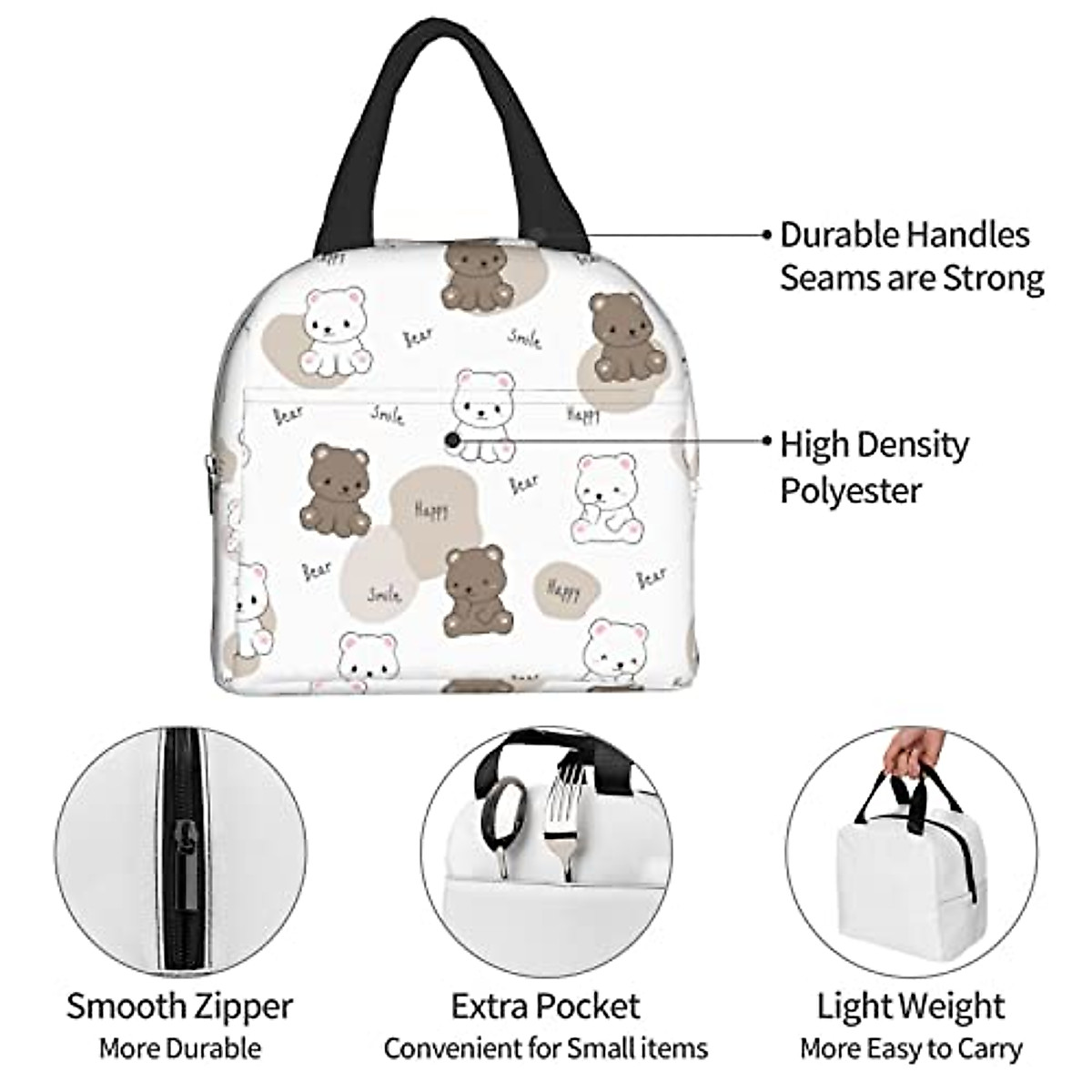Cute Polar And Kawaii Bear Head Lunch Box Bento Box Insulated Lunch Boxes Reusable Waterproof Lunch Bag With Front Pocket For School Office Picnic
