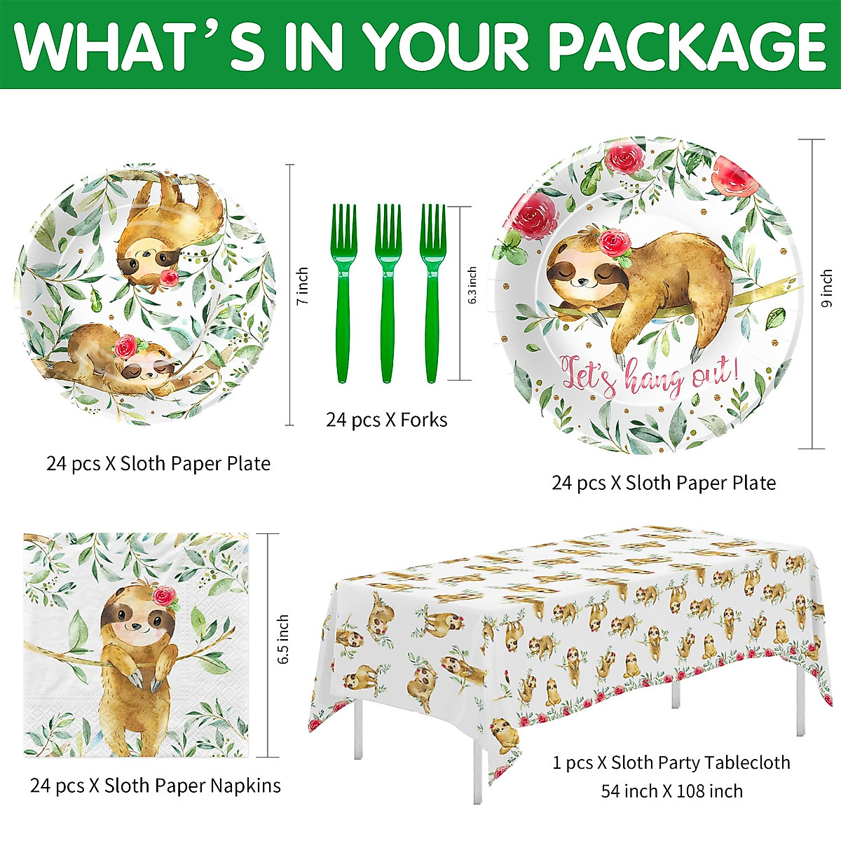 APOWBLS Sloth Birthday Party Supplies Girl, Sloth Party Decorations Tableware For Baby Shower Birthday, Paper Plate, Napkin, Fork, Tablecloth, Jungle Animal Sloth Party Supplies Dinnerware | Serve 24