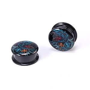 POBAISITER 1 Pair Acrylic Solid Screw On Ear Gauges Jurassic Dinosaur Tyrannosaurus Roar 2g- 1 Inch LOGO Drawing Allergy Free For Women For Men Body Piercing Jewelry
