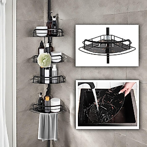 Everkeen Corner Shower Caddy Tension Pole, 4 Tier Bathroom Organizer and Shampoo Storage Shelves 48 to 115 inch Adjustable Floor Standing Bath Rack Holder with Sticky Hooks, Quick Installation