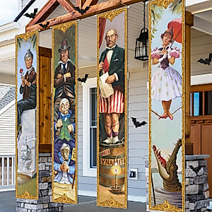4pcs Haunted Mansion Stretching Portraits Outdoor Halloween Decoration, Haunted Mansion Porch Sign Banner Halloween Vintage Banner for Home Wall Hanging Decor