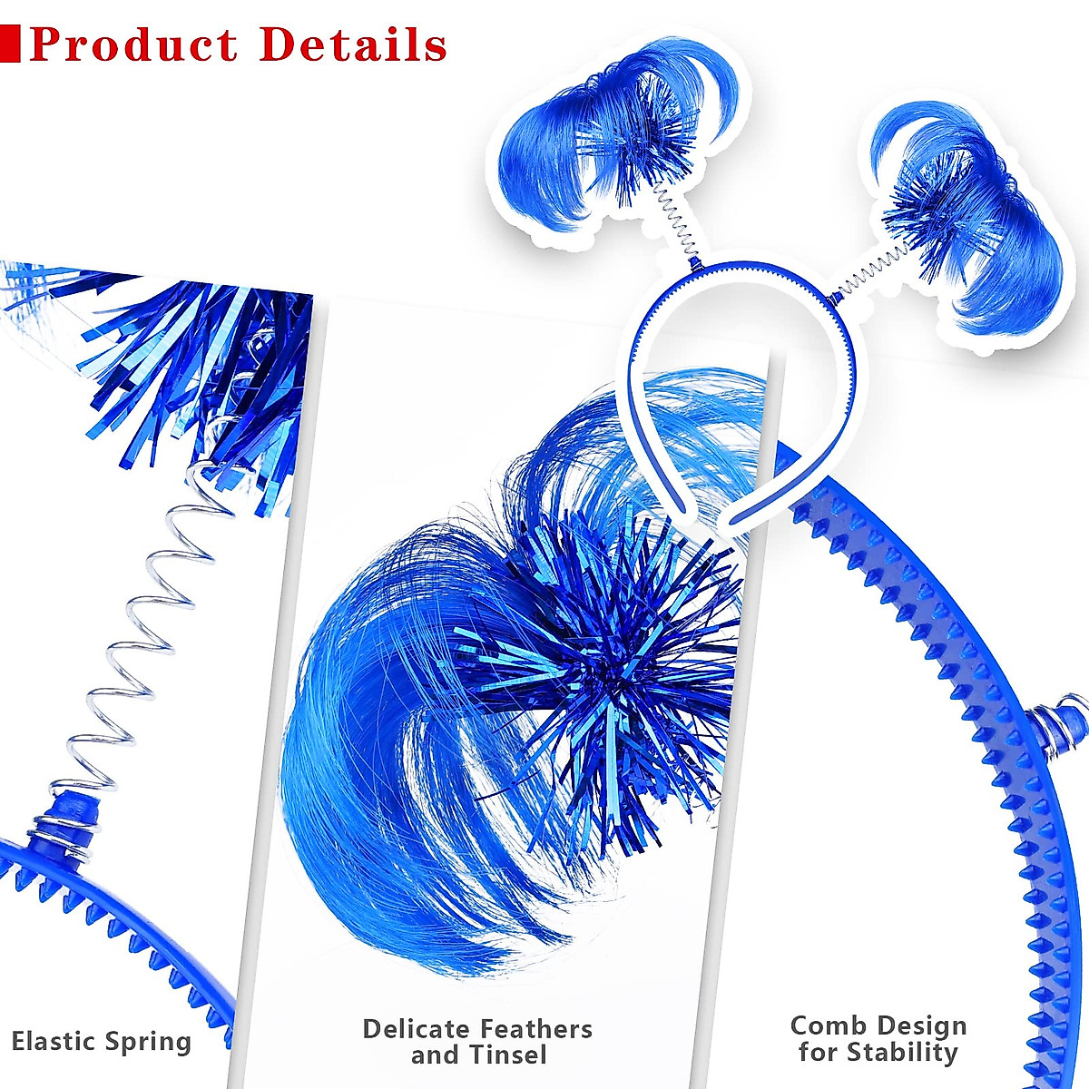RUODON 3 Pack Ponytail Headband Feather Party Head Bopper Headband Feather Headwear Accessory, One Size, Blue