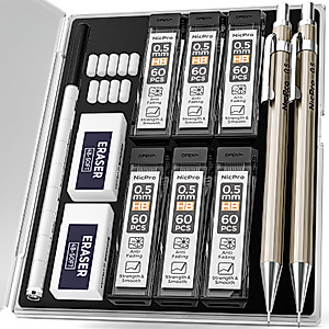 Nicpro 2 PCS 0.5 mm Metal Mechanical Pencils Set, Drafting Pencil for Artist Writing, Sketching, Drawing, with 4 Tubes HB Lead Refill & Erasers, Erasers Refills & Storage Case