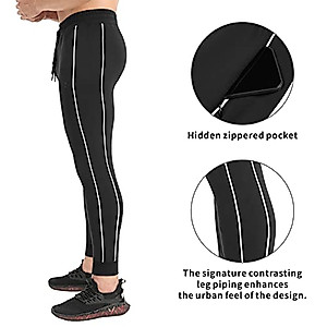 BROKIG Men Double Whitelines Athletic Open Bottom Sweatpants,Casual Workout Lounge Pants with Zipper Pockets,Slim Fit Gym Joggers for Men (X-Large, Black)